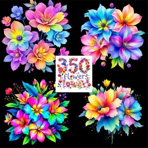 Neon Flowers Clipart Bundle: 350+ Floral PNG Graphics (digital Download ...