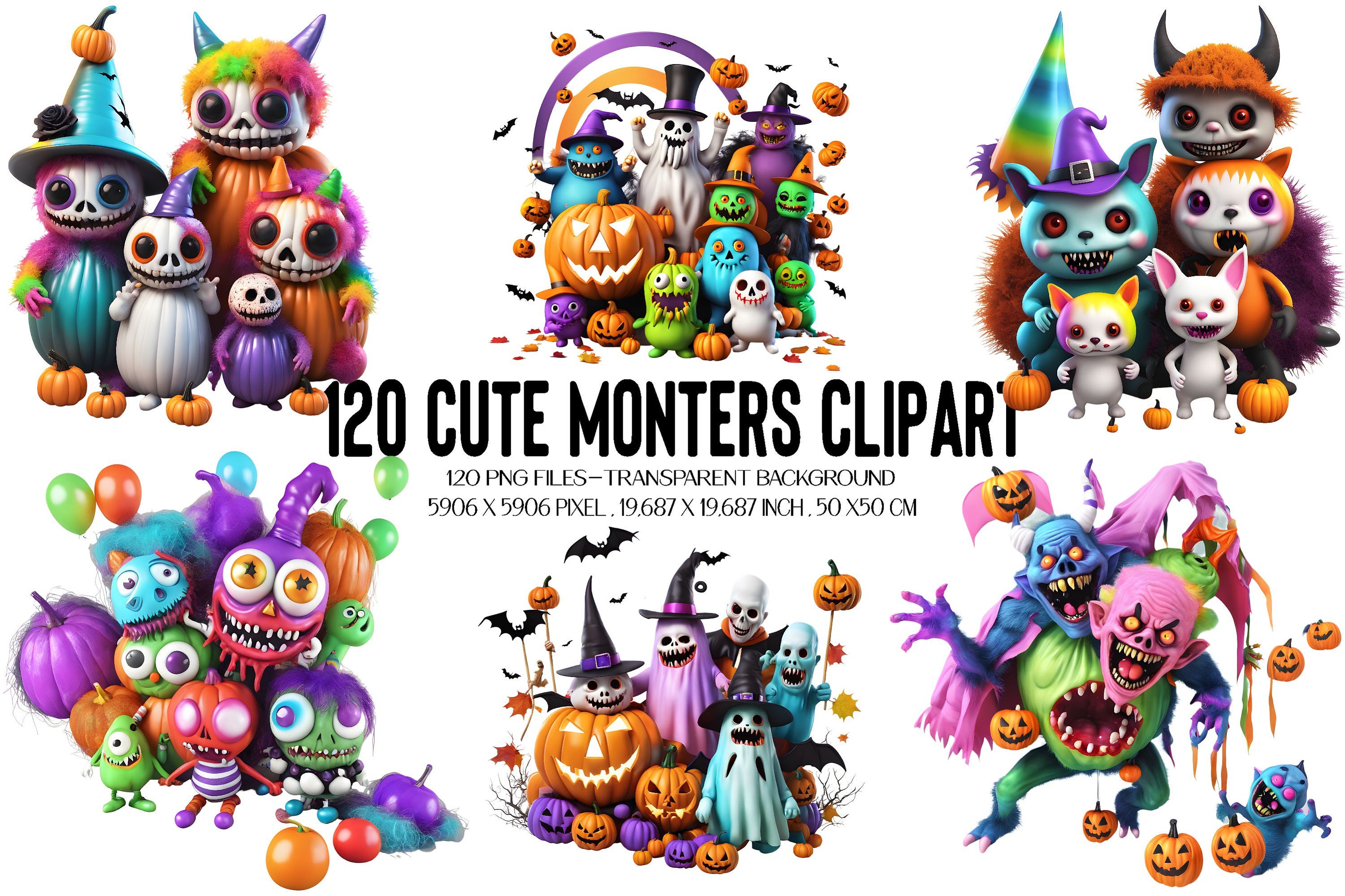 Neon Color Halloween Monster Clipart's, 120 PNG Clipart, Cute Monster ...