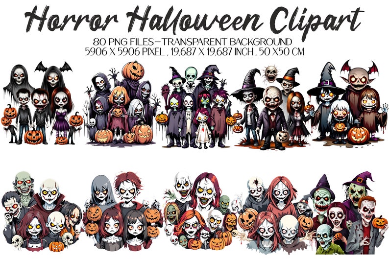 80 Horror Halloween Characters Clipart PNG Bundle, Scary Halloween ...