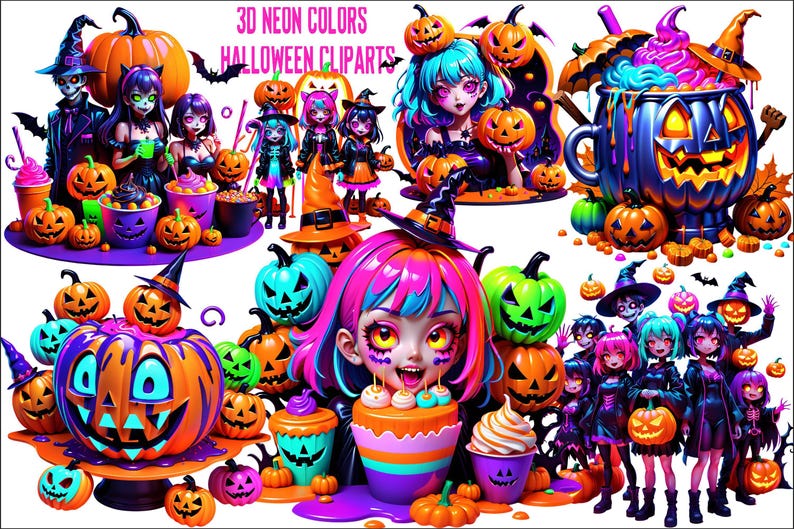 3D Neon Colors Cartoon Style Halloween Clip Art Bundle, 200 Halloween ...