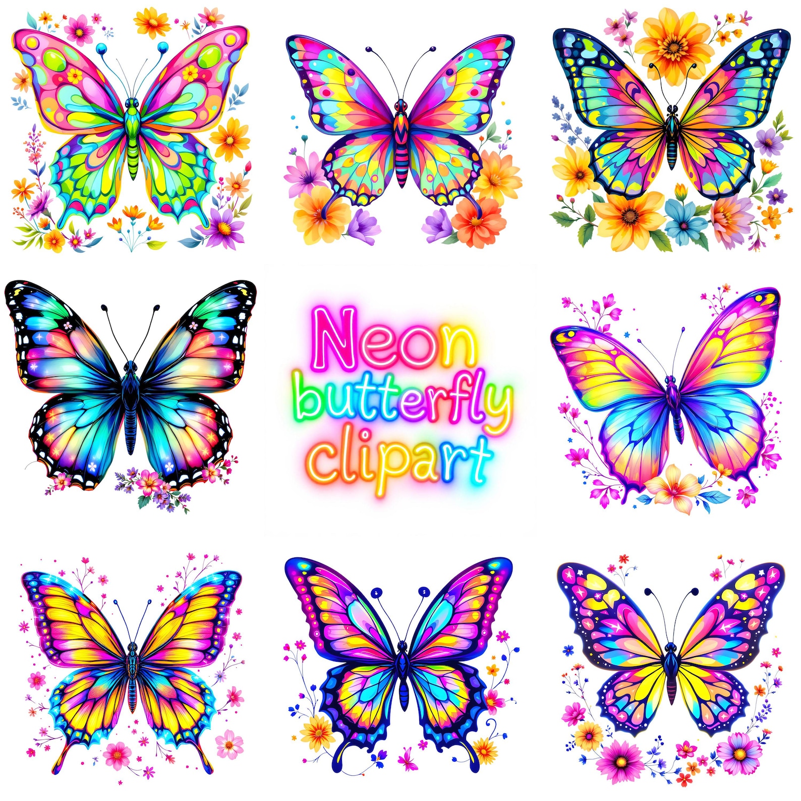 Neon Butterfly Clipart Set: 120+ Colorful Floral PNG Graphics - Etsy