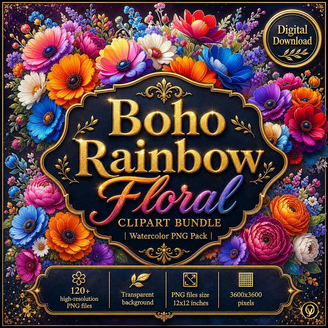 Boho Rainbow Floral Clipart Bundle | Watercolor PNG Pack (digital ...