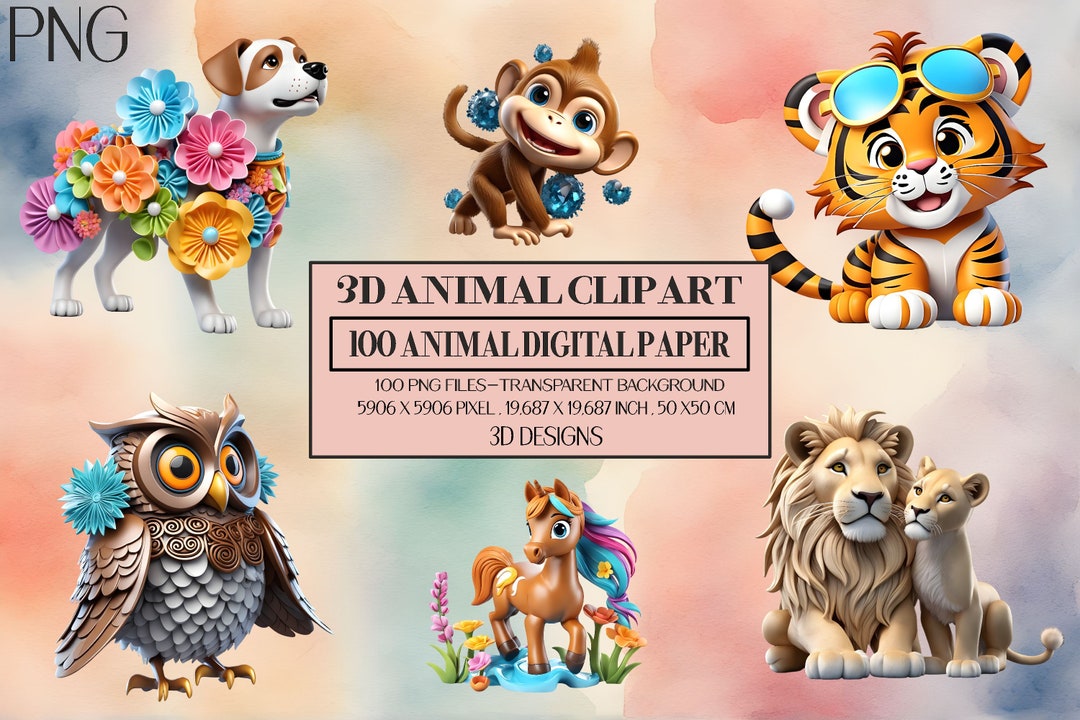 100 Funny 3D Animal Clipart Illustrations (PNG Digital Download) - Etsy
