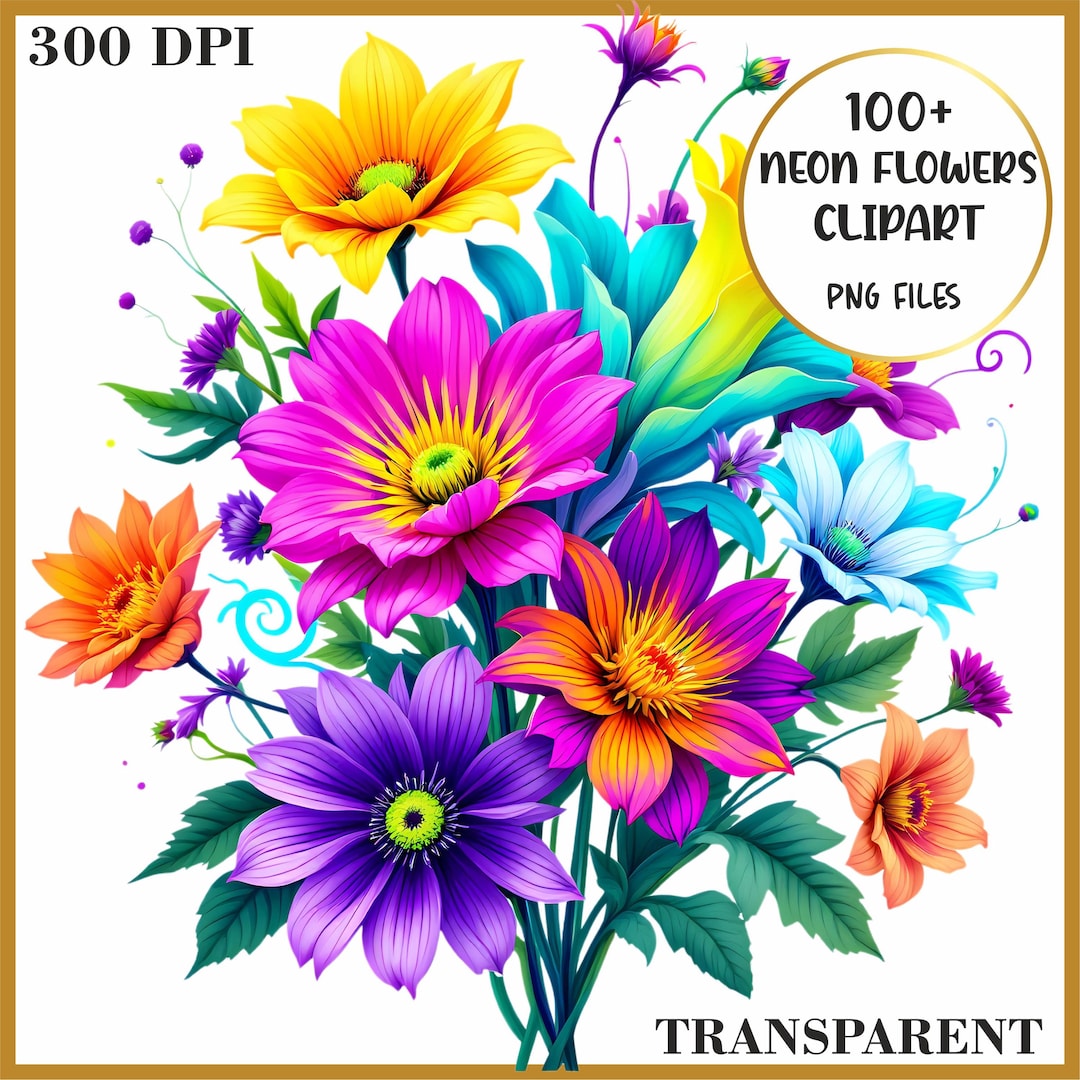 100+ Neon Flower Clipart Bundle – Bright Floral PNG Set for Digital Art ...