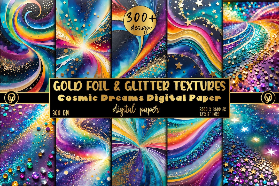 Gold Foil and Glitter Digital Paper, Cosmic Dreams Backgrounds, Starry ...