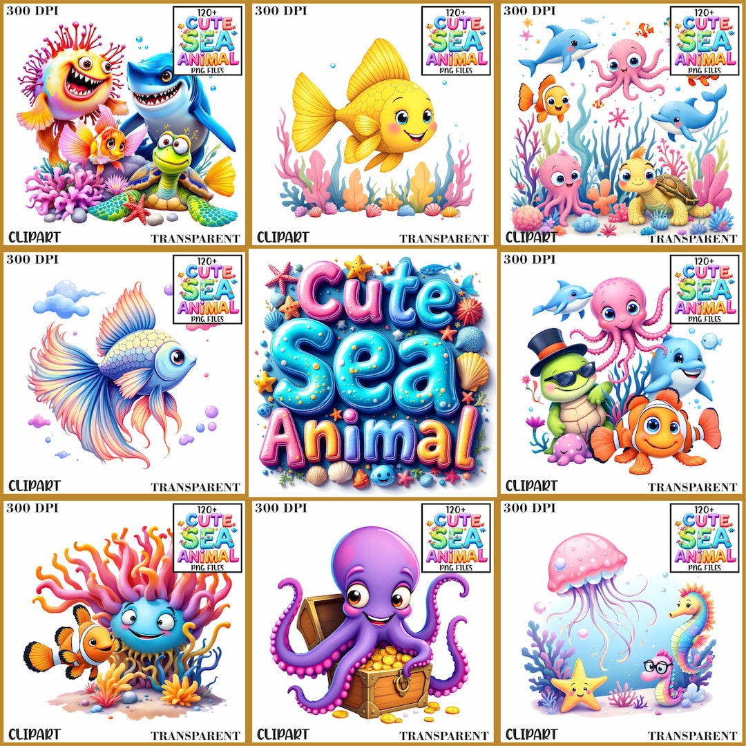120+ Cute Sea Animal Clipart PNG Bundle | Ocean Creatures, Fish ...