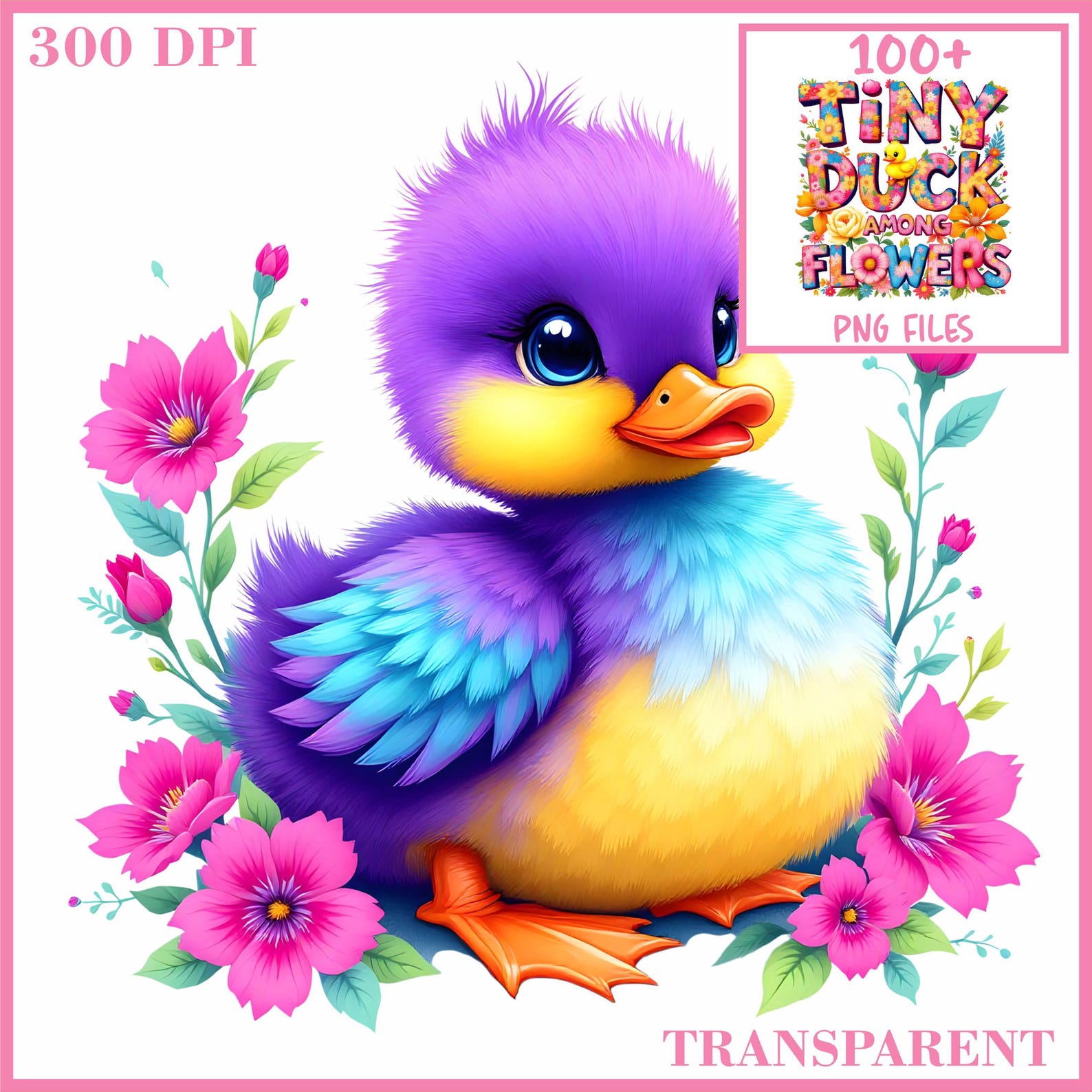 Cute Duck Clipart Bundle , 100+ Colorful Baby Ducks Among Flowers PNG ...