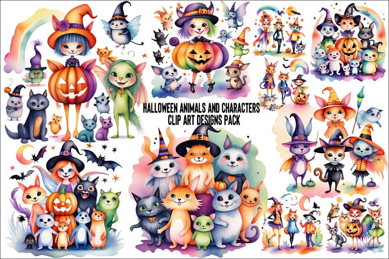 Halloween Watercolor Clip Art Pack Witch Pumpkins Cute Kids Ghosts Clip ...