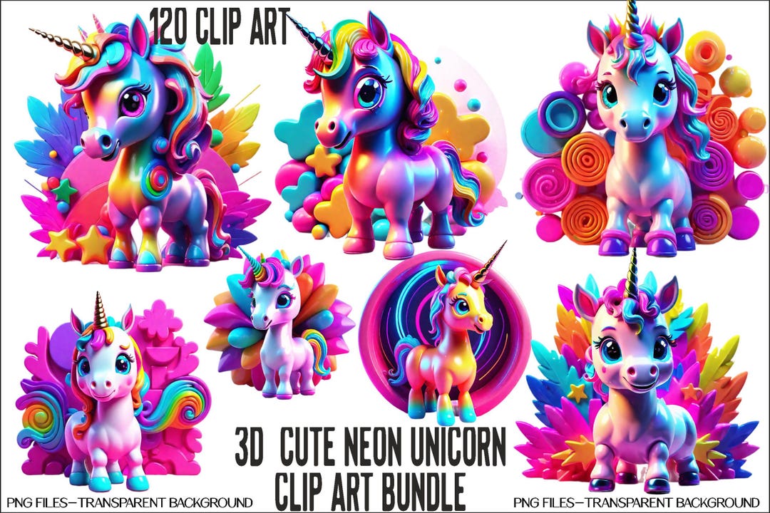 3D Neon Unicorn Clipart's Bundle, Cute Rainbow Colors Unicorn PNG, 120 ...