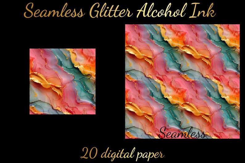 Seamless Glitter Alcohol Ink Digital Paper Bundle, 20 Abstract Glitter ...