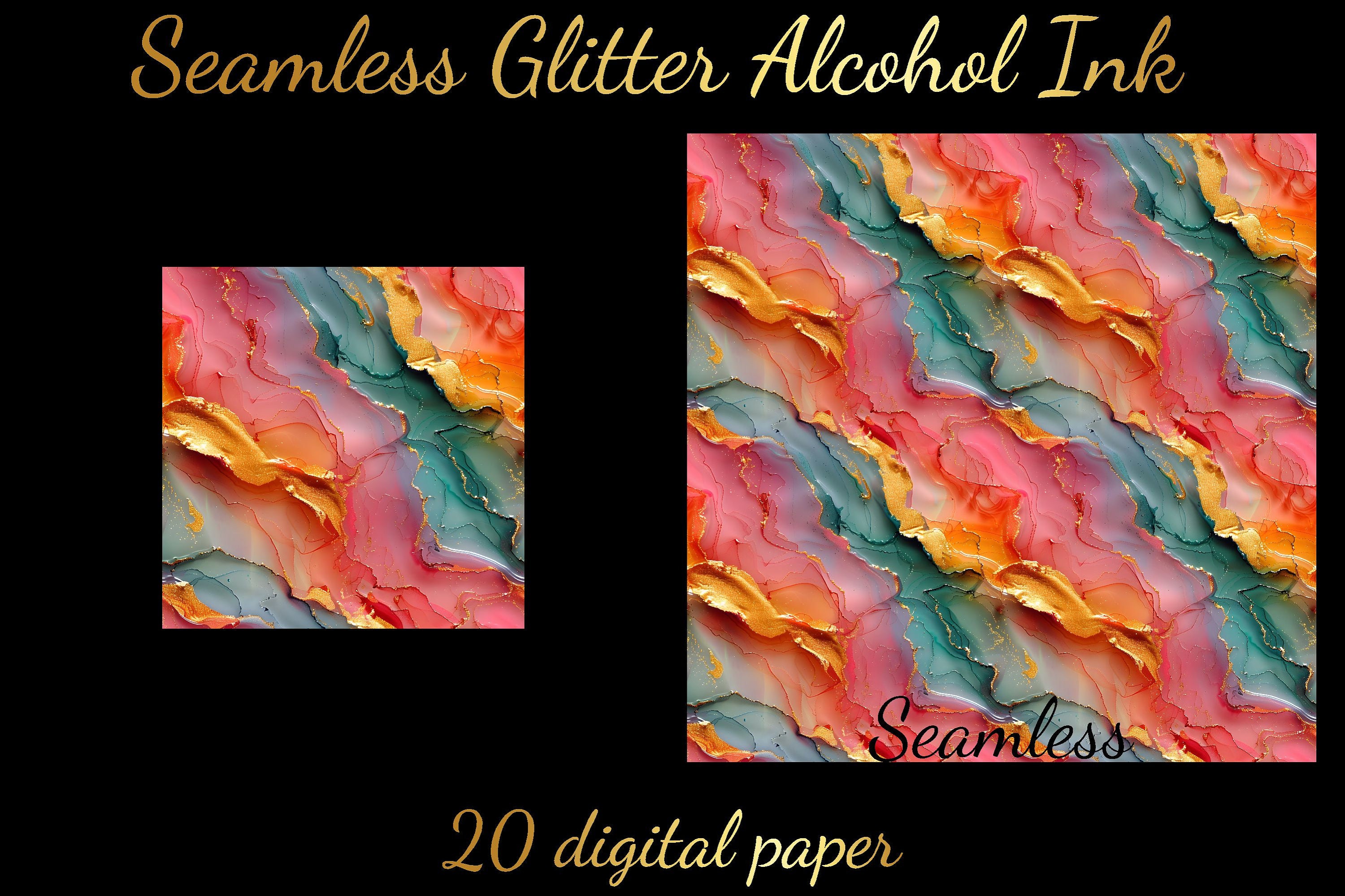 Seamless Glitter Alcohol Ink Digital Paper Bundle, 20 Abstract Glitter ...