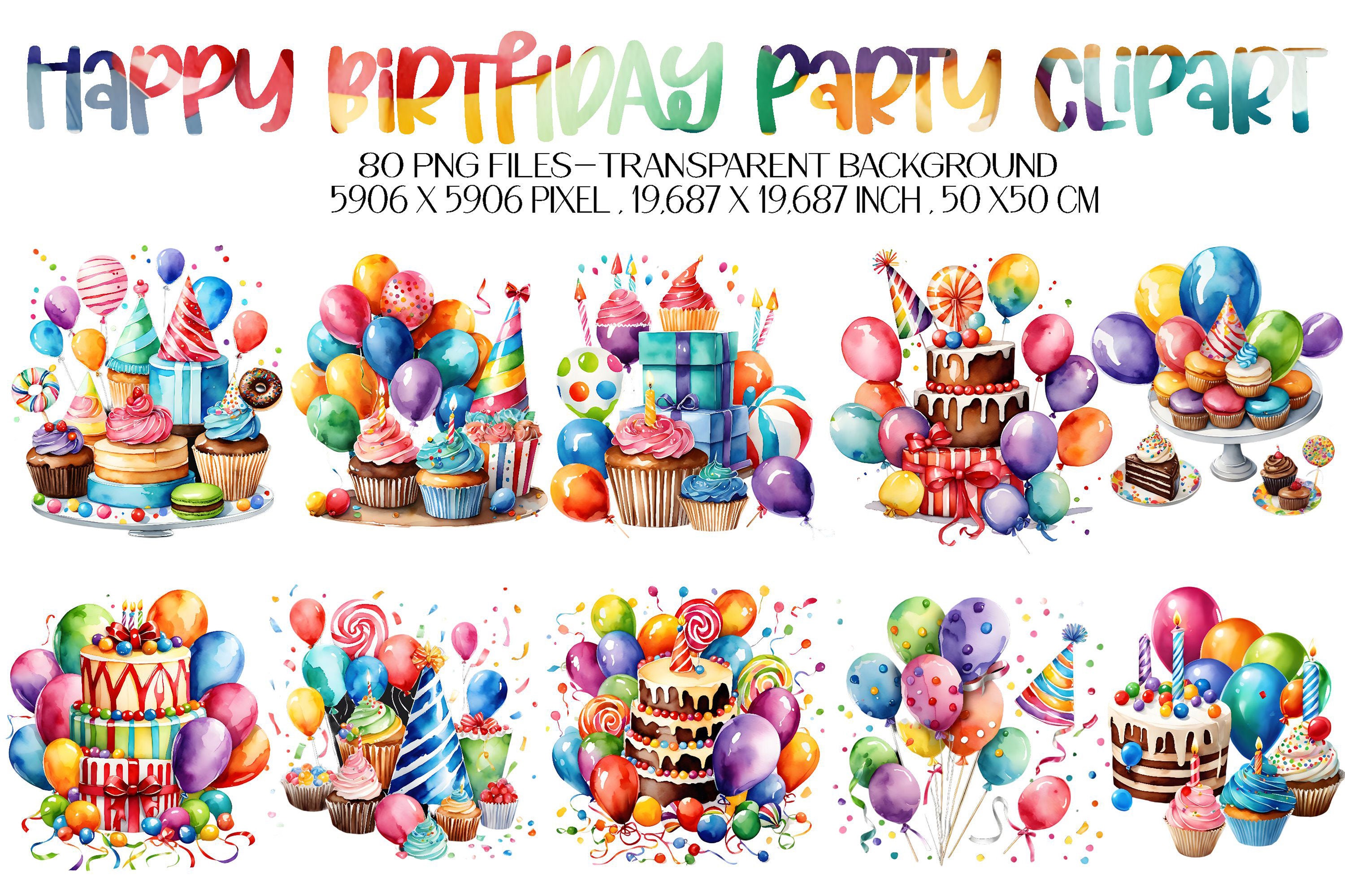 Watercolor Birthday Party Clipart, Happy Birthday Sublimation PNG ...