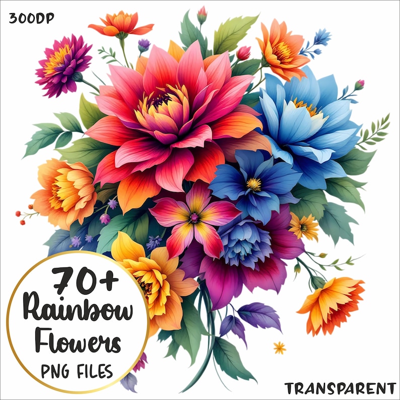 Rainbow Flowers Clipart Bundle: Watercolor Floral PNG Set (digital ...