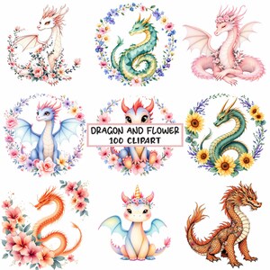 Watercolor Dragon Clipart Bundle: Whimsical Floral Pngs (100 Files) - Etsy