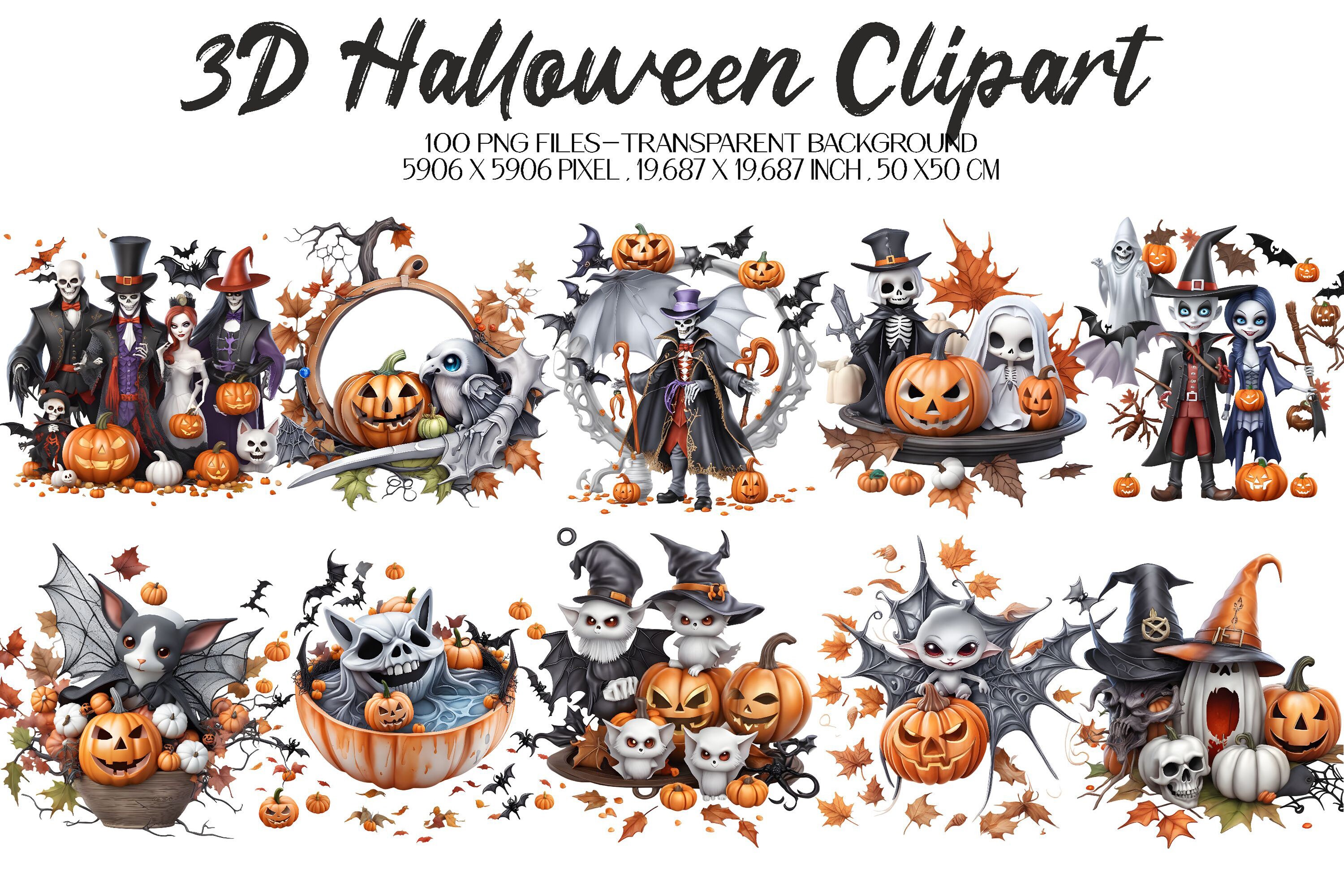 3D Scary Halloween Clipart Bundle,100 PNG 3D Halloween Characters ...