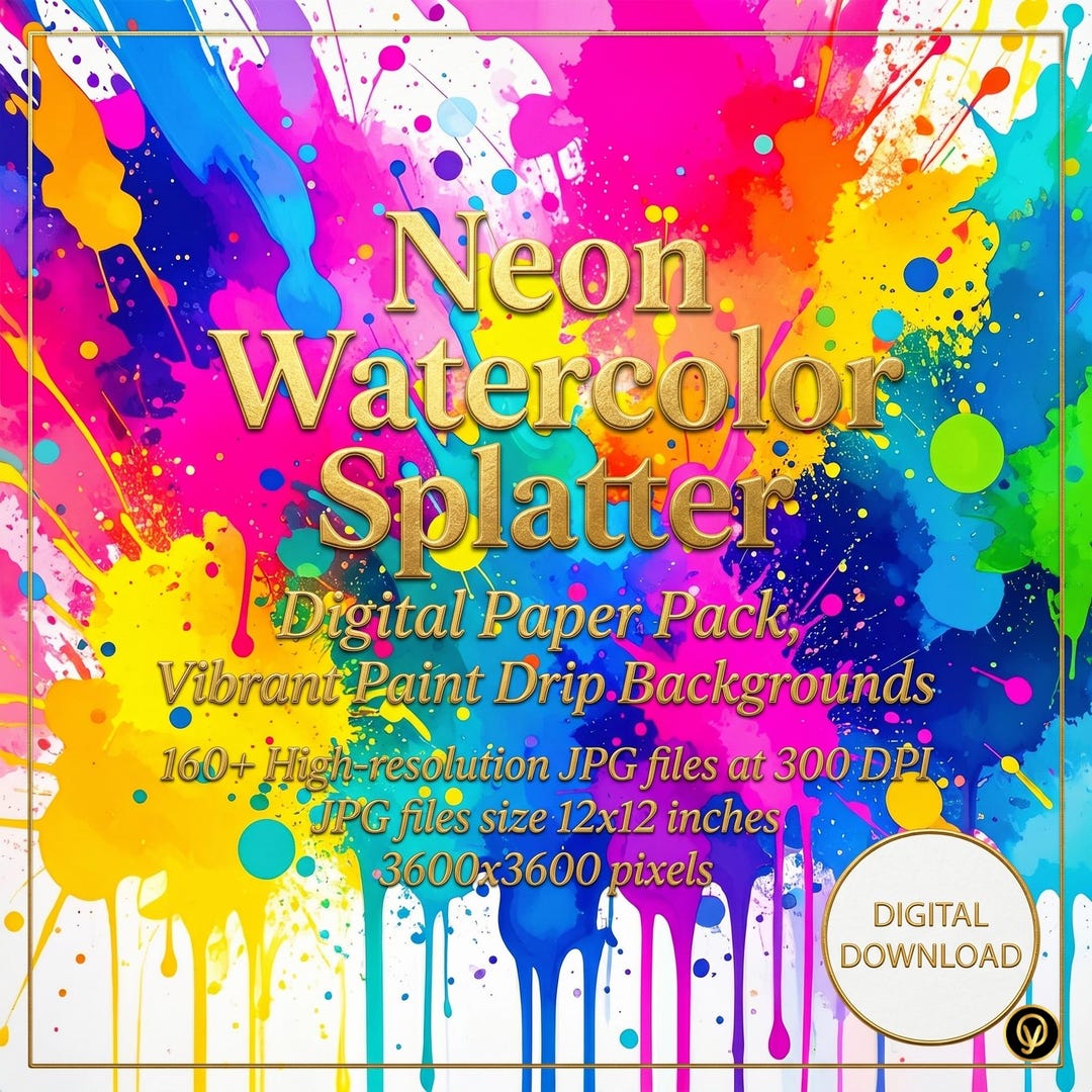 Neon Watercolor Splatter Digital Paper Pack 160+ Designs, Vibrant Paint ...