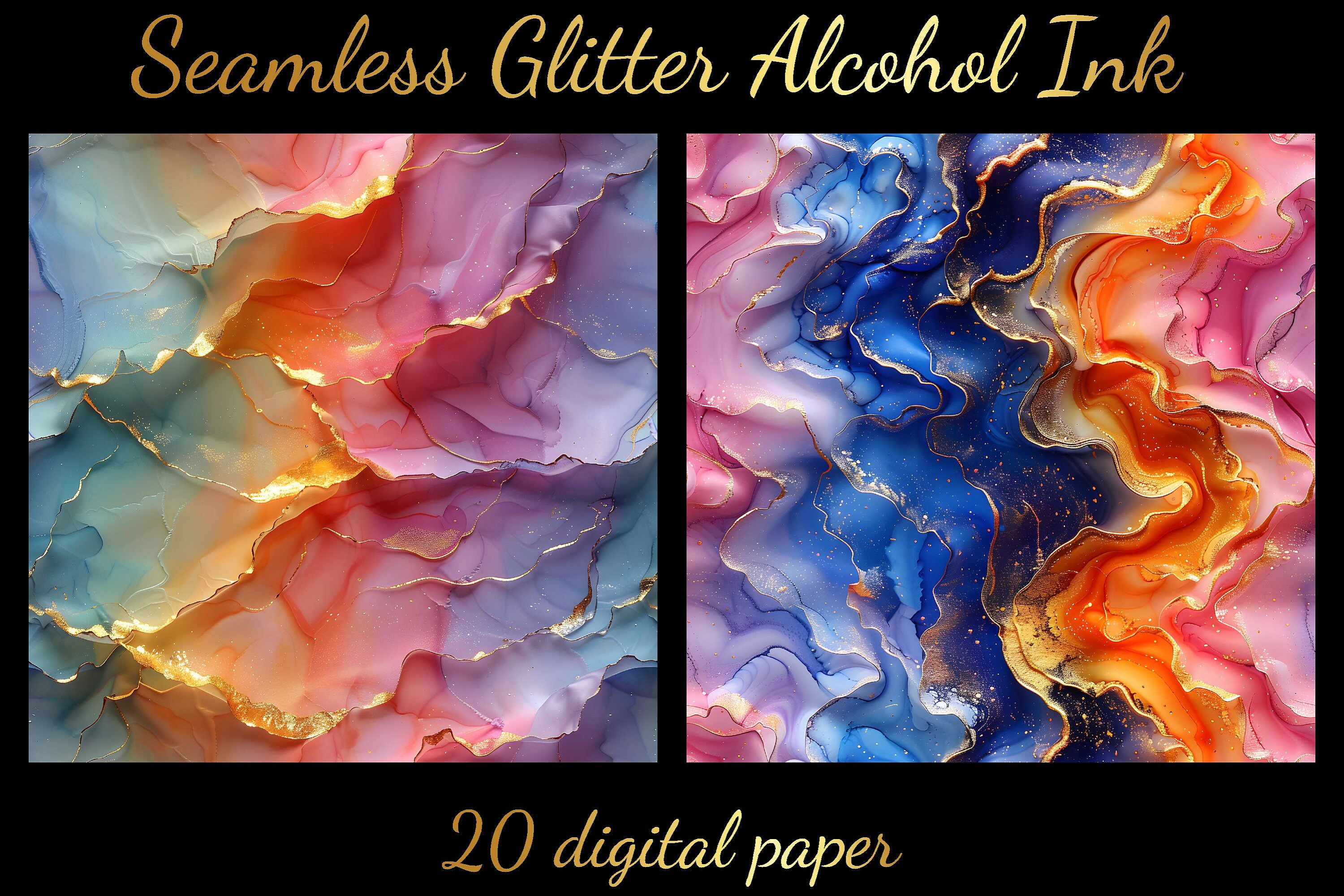 Seamless Glitter Alcohol Ink Digital Paper Bundle, 20 Abstract Glitter ...