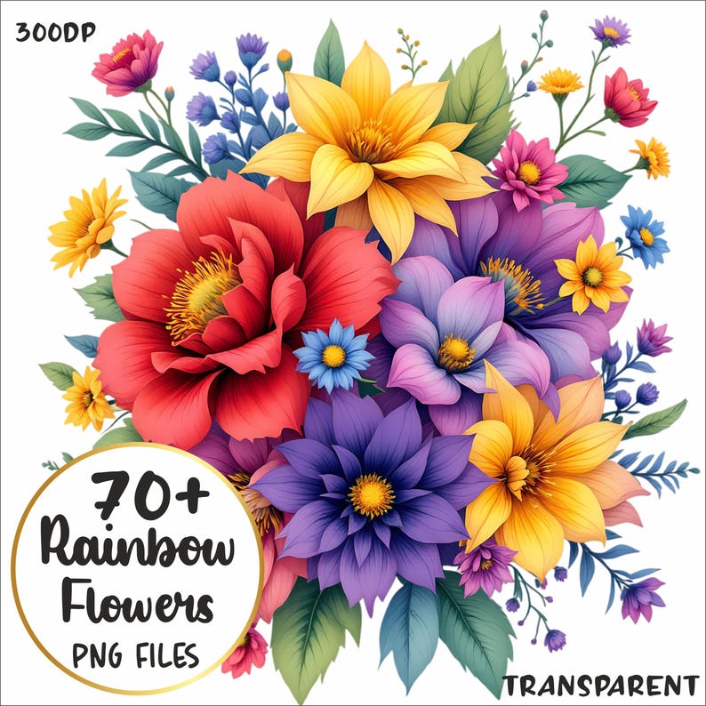 Rainbow Flowers Clipart Bundle: Watercolor Floral PNG Set (digital ...