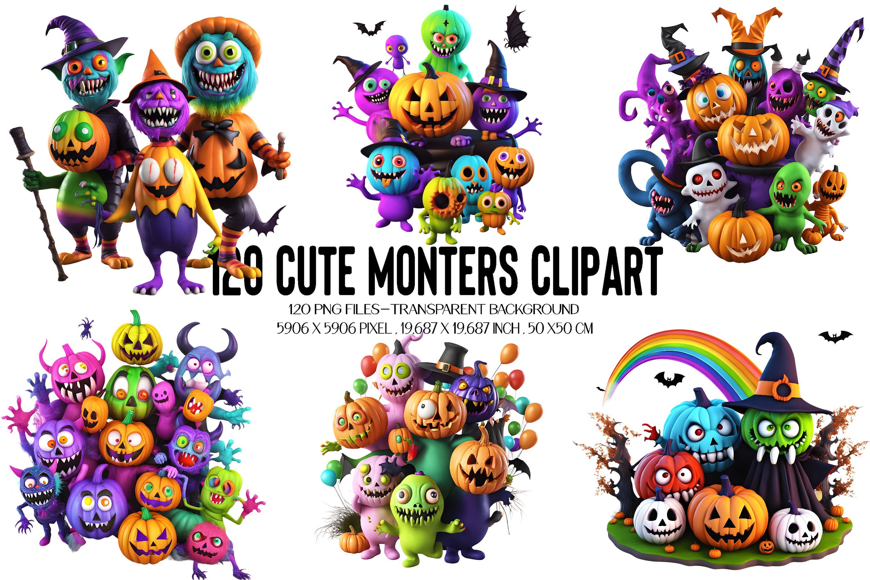 Neon Color Halloween Monster Clipart's, 120 PNG Clipart, Cute Monster ...