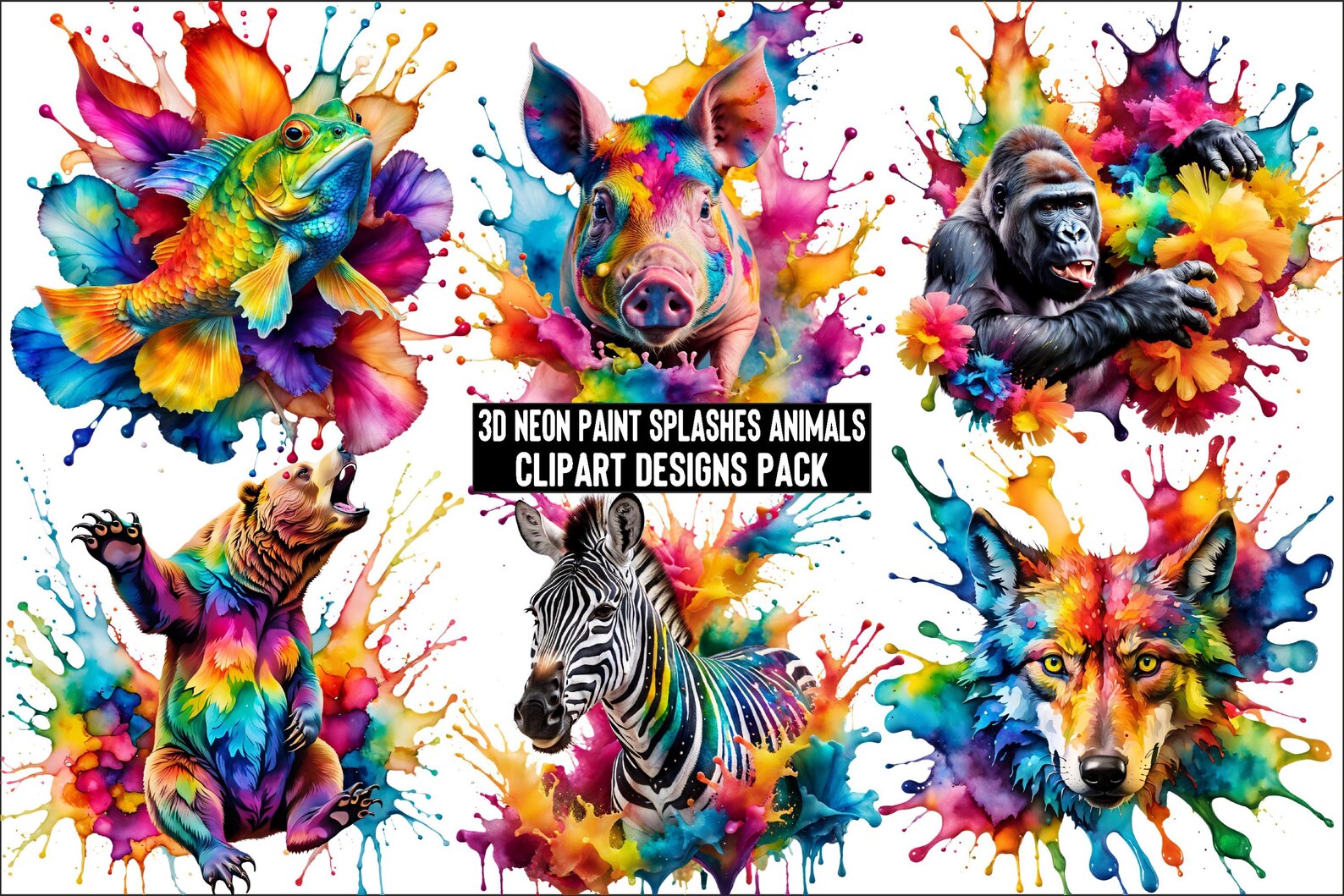 300 Paint Splashes Animal Cliparts Png, Rainbow Colors Splashes Animal ...