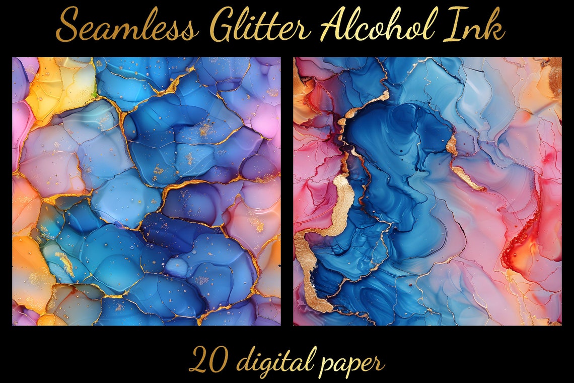 Seamless Glitter Alcohol Ink Digital Paper Bundle, 20 Abstract Glitter ...
