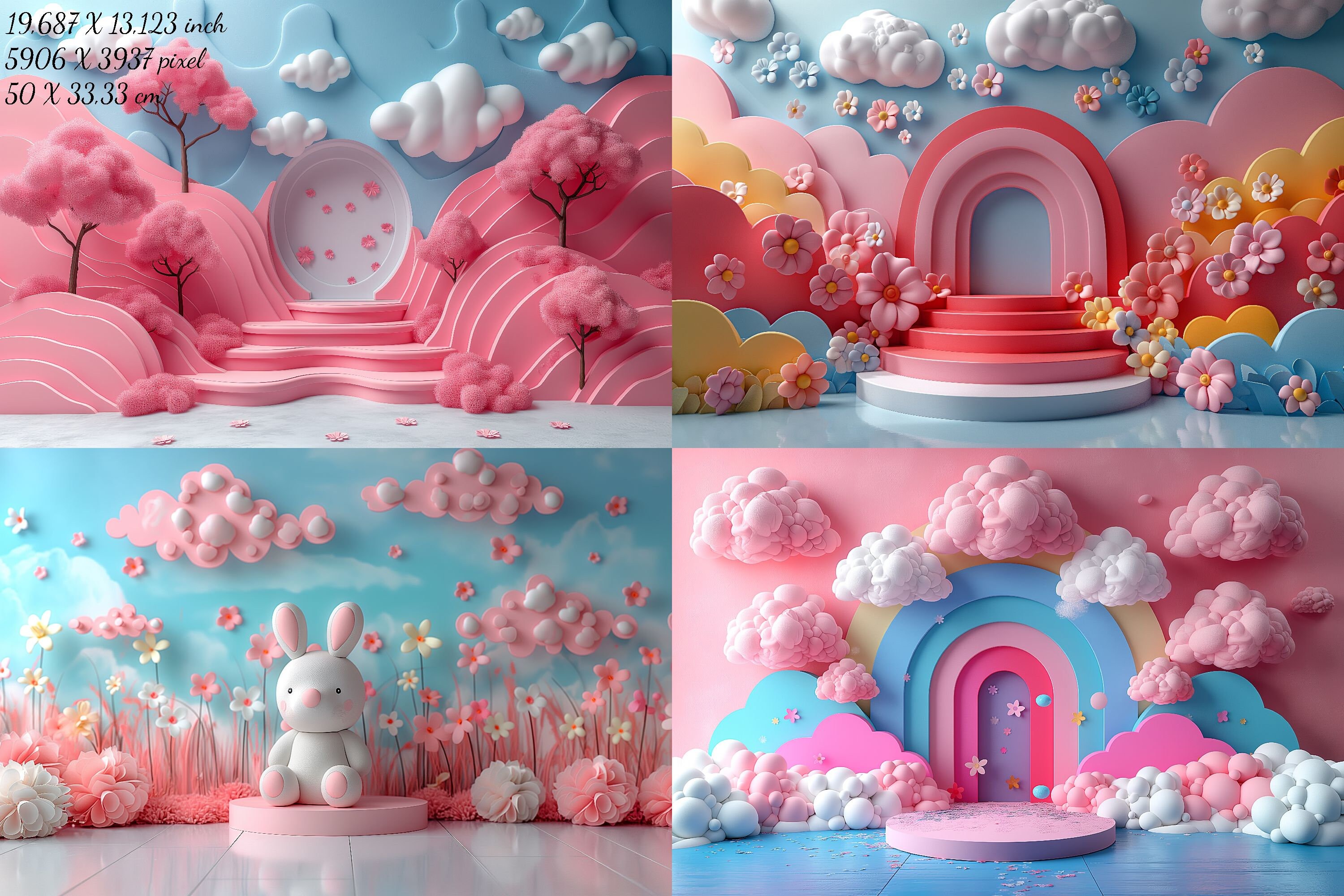 3D Baby Birthday Digital Backdrops Bundle 1, 3D Cute Kids Backgrounds ...