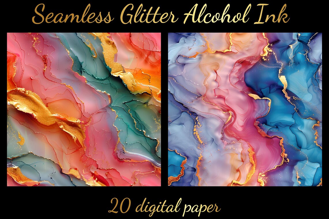 Seamless Glitter Alcohol Ink Digital Paper Bundle, 20 Abstract Glitter ...