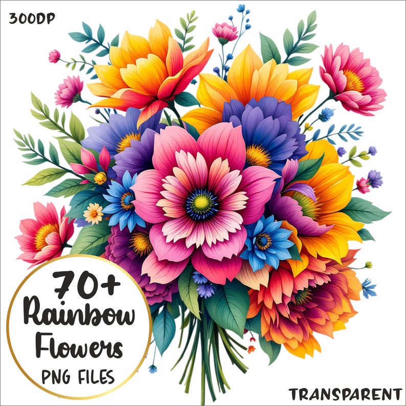 Rainbow Flowers Clipart Bundle: Watercolor Floral PNG Set (digital ...