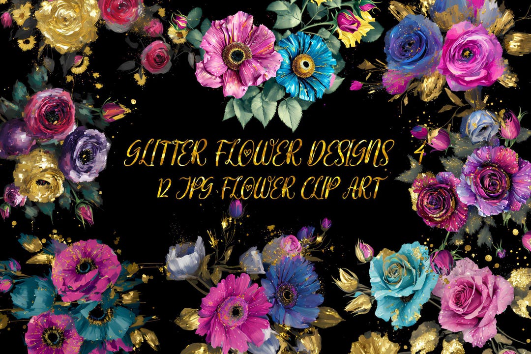 Glitter Flower Clip Art on Black Background Volume 4, Make Your ...