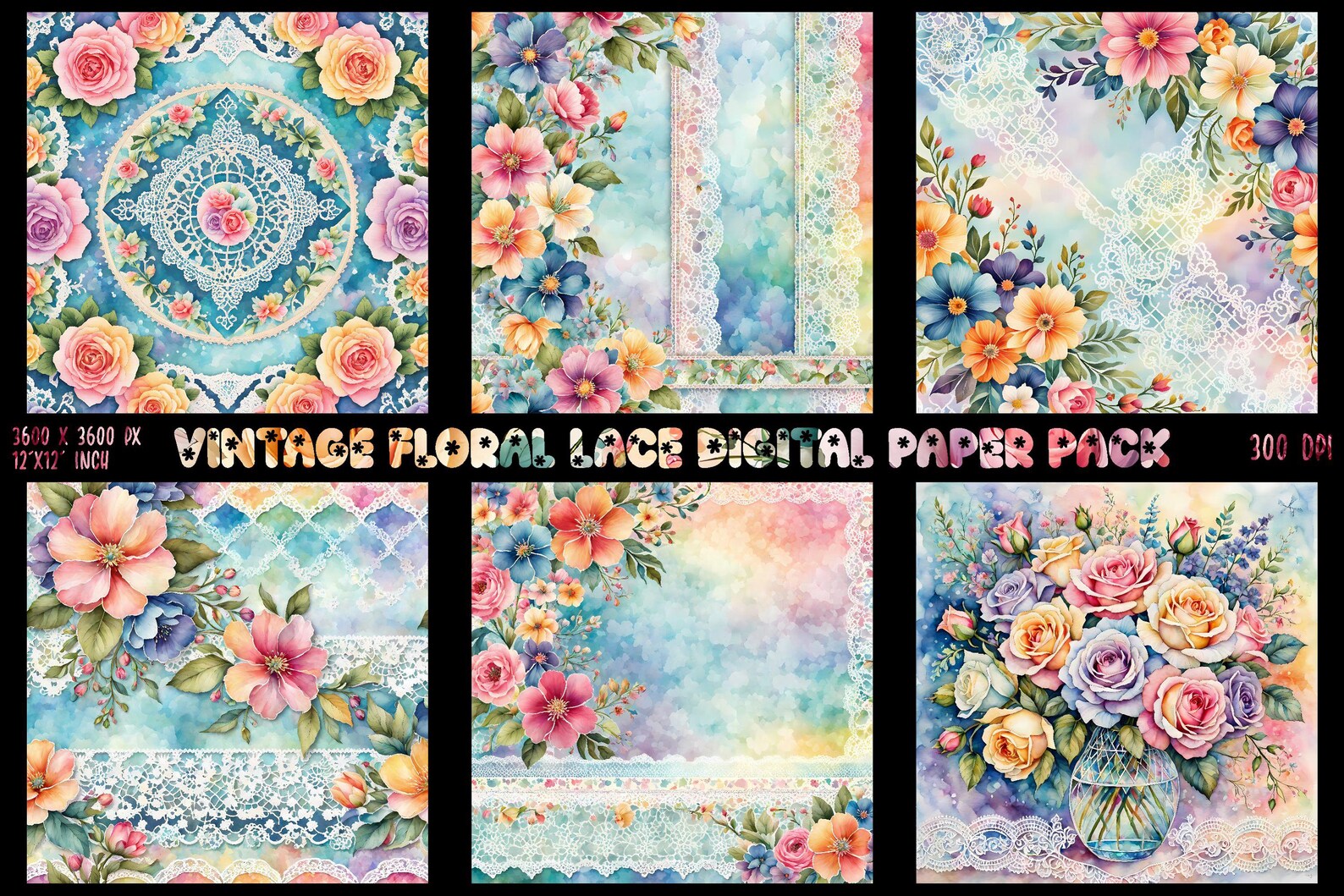 Watercolor Floral Lace Digital Paper: Shabby Chic Scrapbook (digital ...