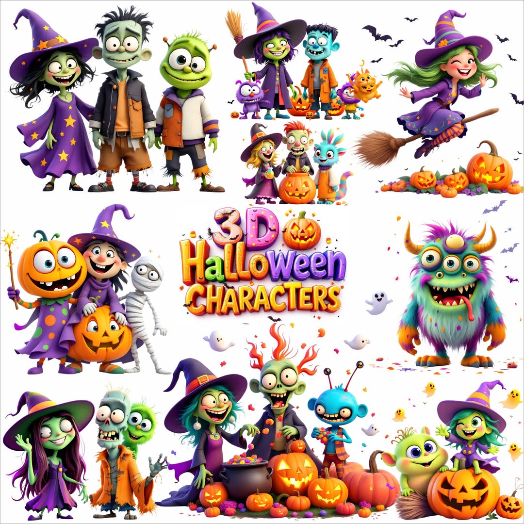 Cute 3D Halloween Clipart Bundle With Over 120 Characters, Witch Zombie ...