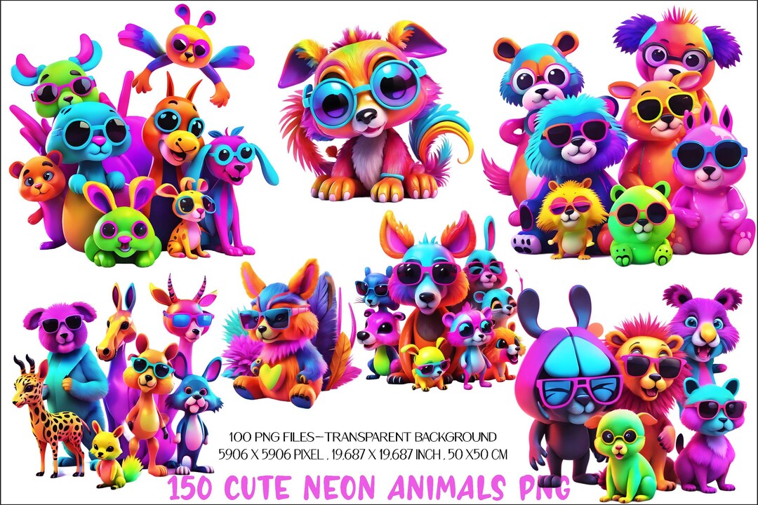 150 Cute Neon Animals Clipart's Bundle, 3D Funny Animals PNG, Neon ...