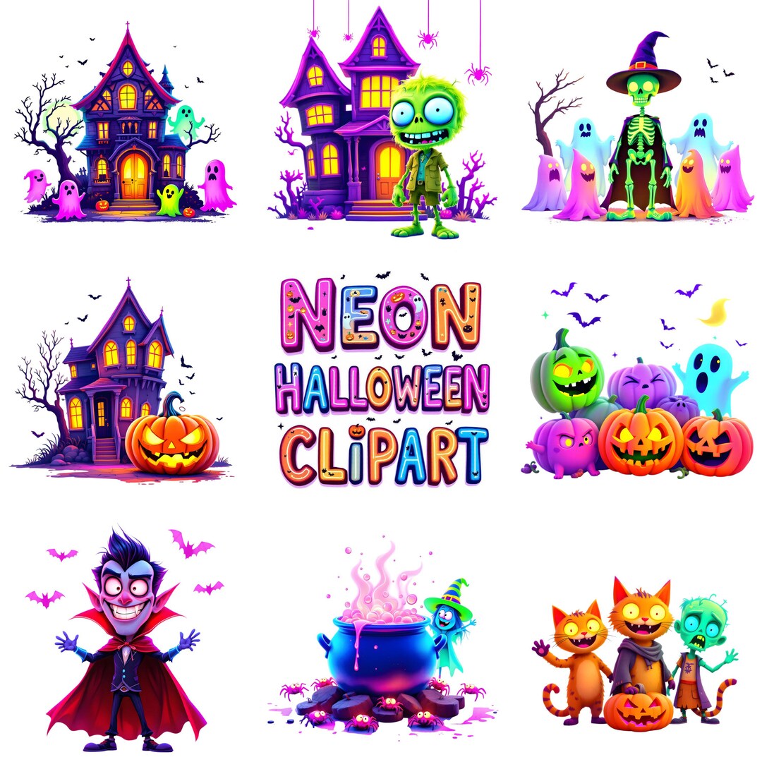 Neon Halloween Clipart Bundle: 100+ Spooky PNG Graphics (digital ...