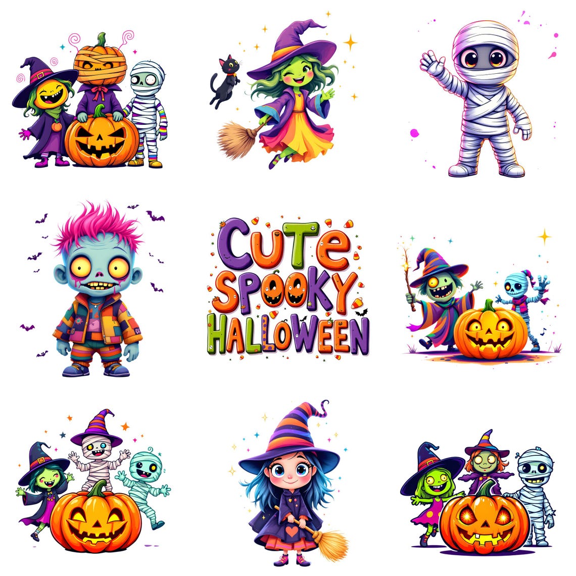 Cute Spooky Halloween Clipart Bundle With 150+ PNG Witches Zombies ...