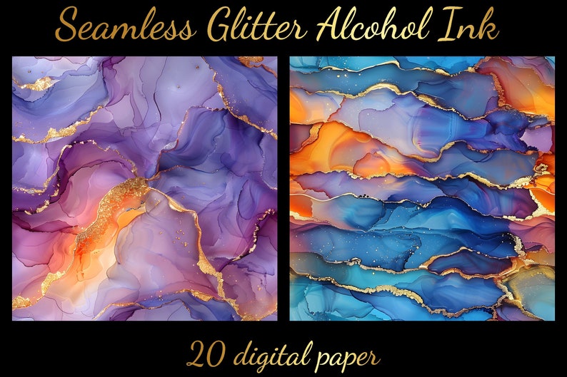 Seamless Glitter Alcohol Ink Digital Paper Bundle, 20 Abstract Glitter ...