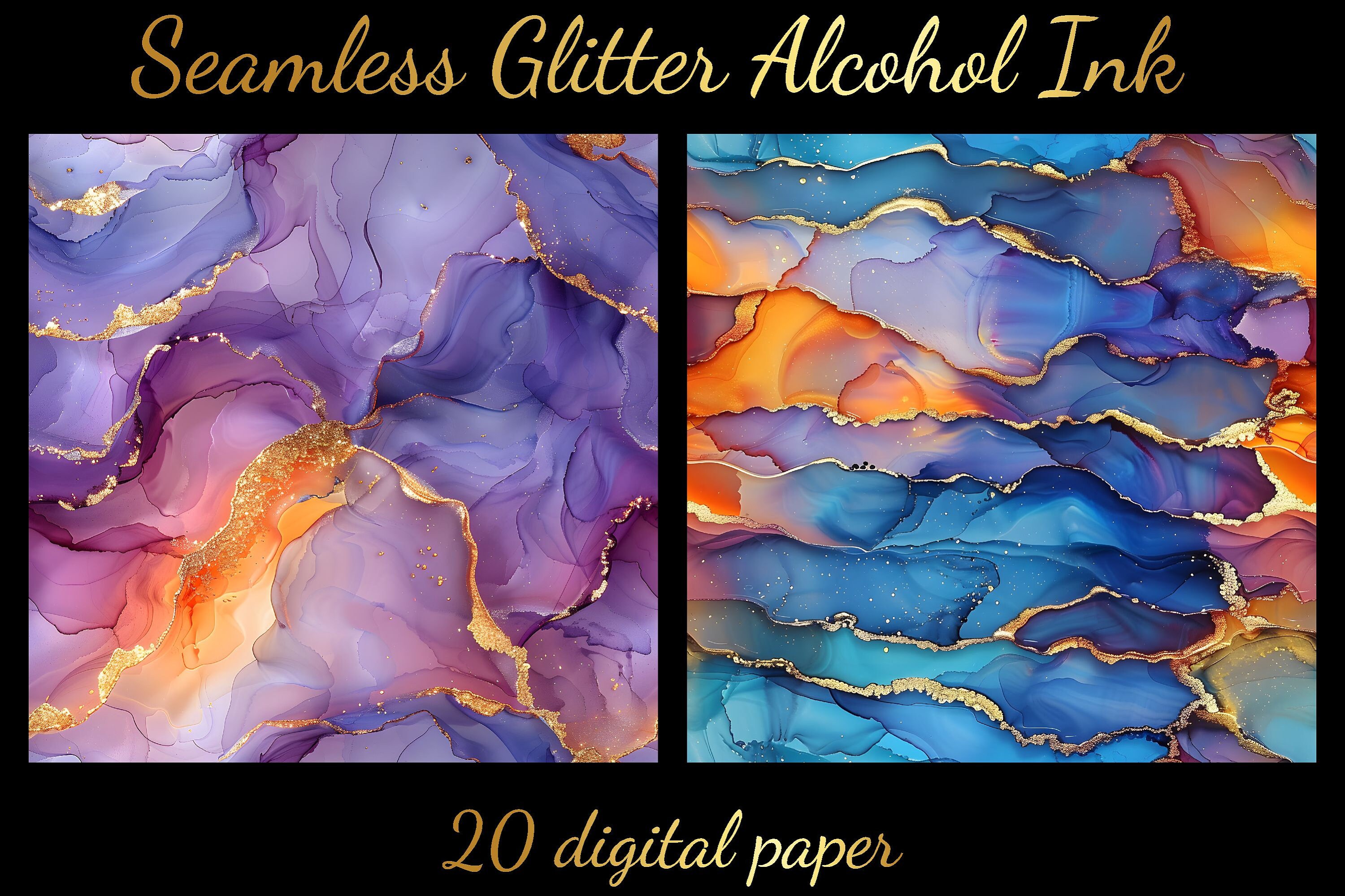 Seamless Glitter Alcohol Ink Digital Paper Bundle, 20 Abstract Glitter ...