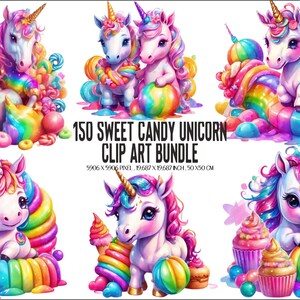 150 Sweet Candy Unicorn Clipart's Bundle, Cute Rainbow Colors Unicorn ...
