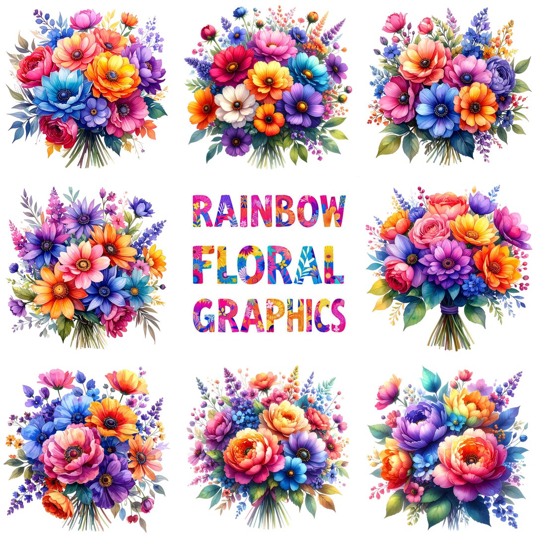 Rainbow Floral Clipart Bundle | 180+ Colorful Flower PNG | Bright ...