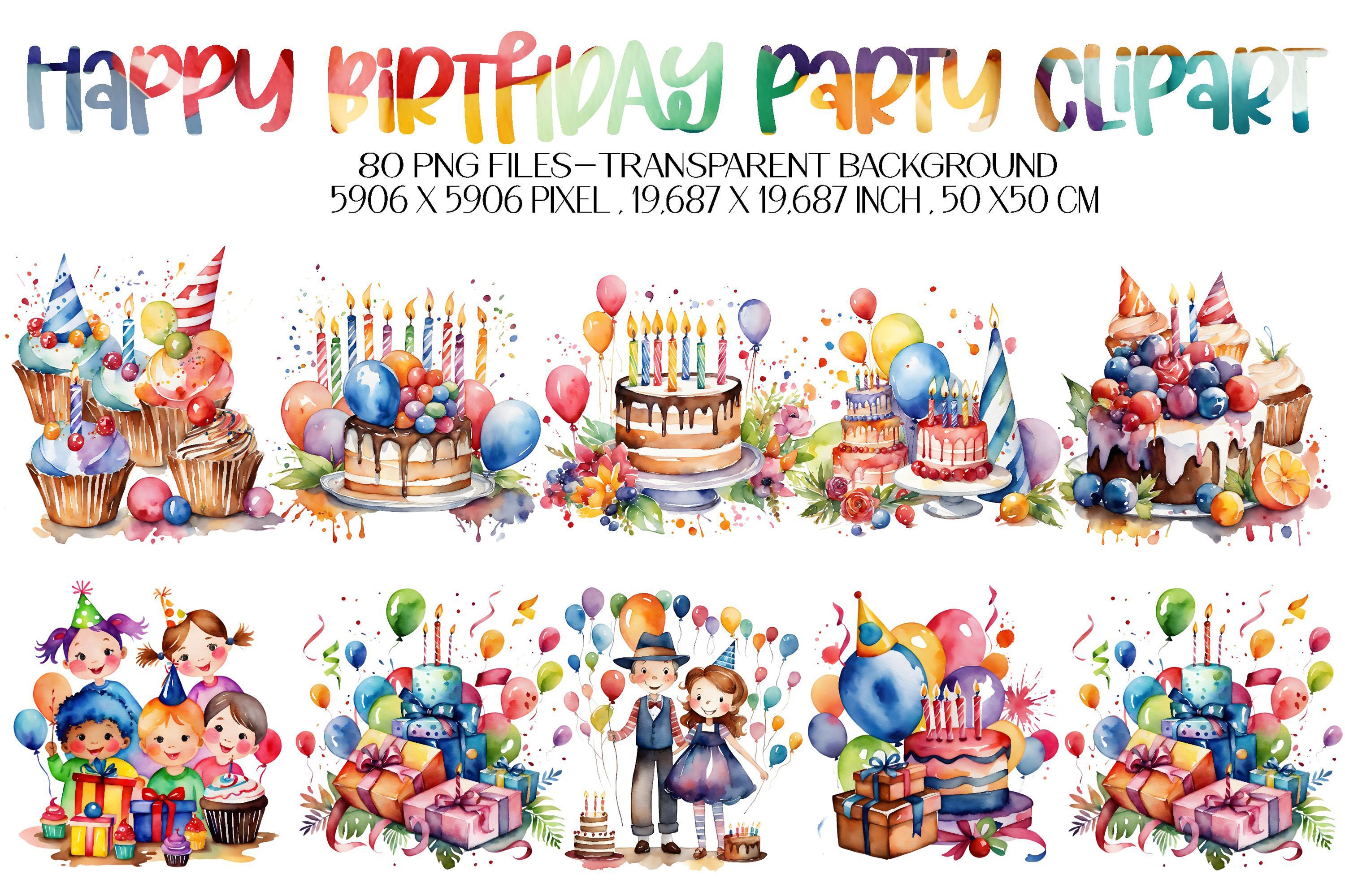 Watercolor Birthday Party Clipart, Happy Birthday Sublimation PNG ...