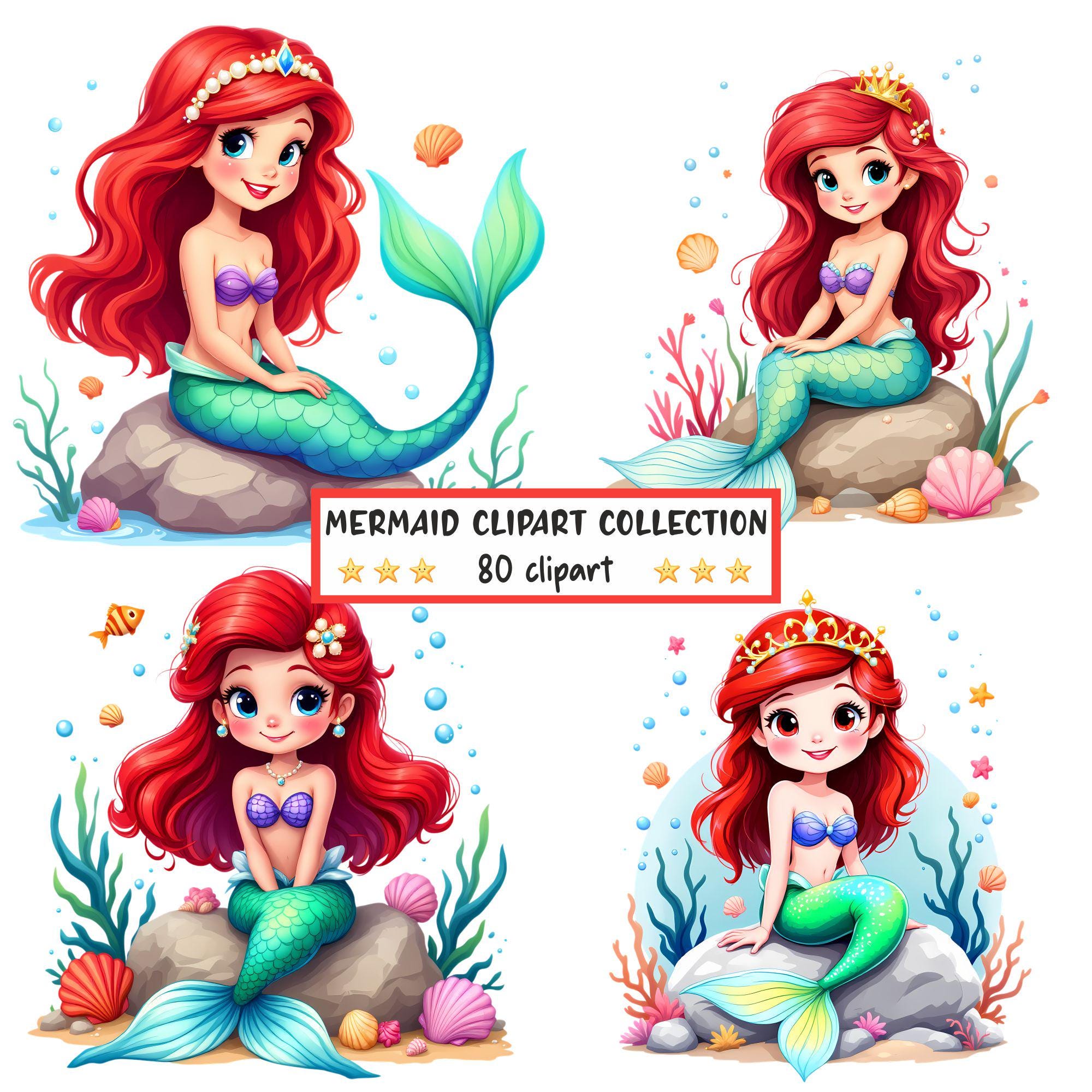 80 Mermaid Clipart Bundle, Cute Mermaid Clipart Collection, Under the ...