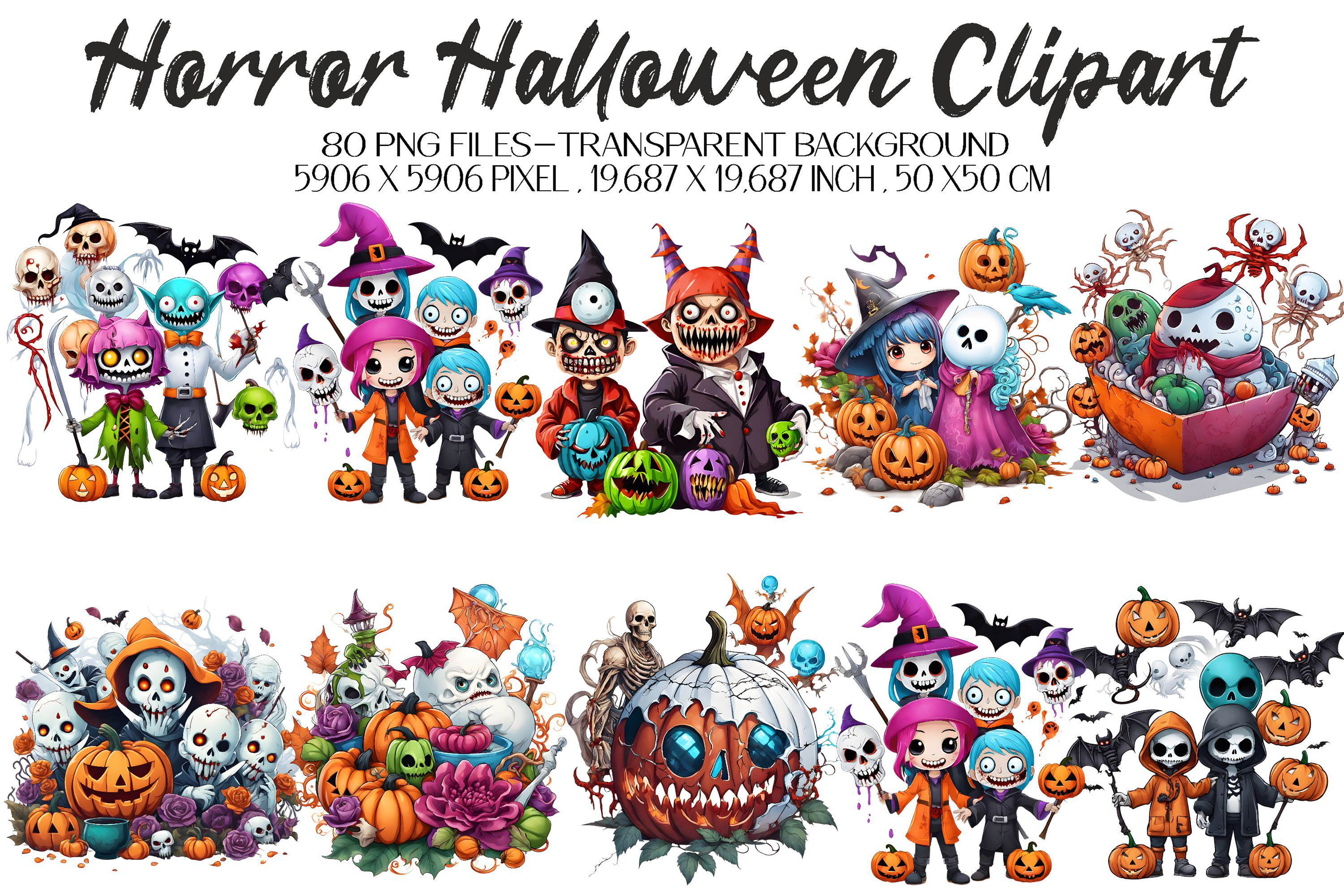 80 Horror Halloween Characters Clipart PNG Bundle, Scary Halloween ...