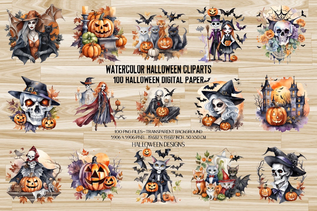 Watercolor Halloween Clipart Set: Spooky Skulls, Witches, Pumpkins (PNG ...