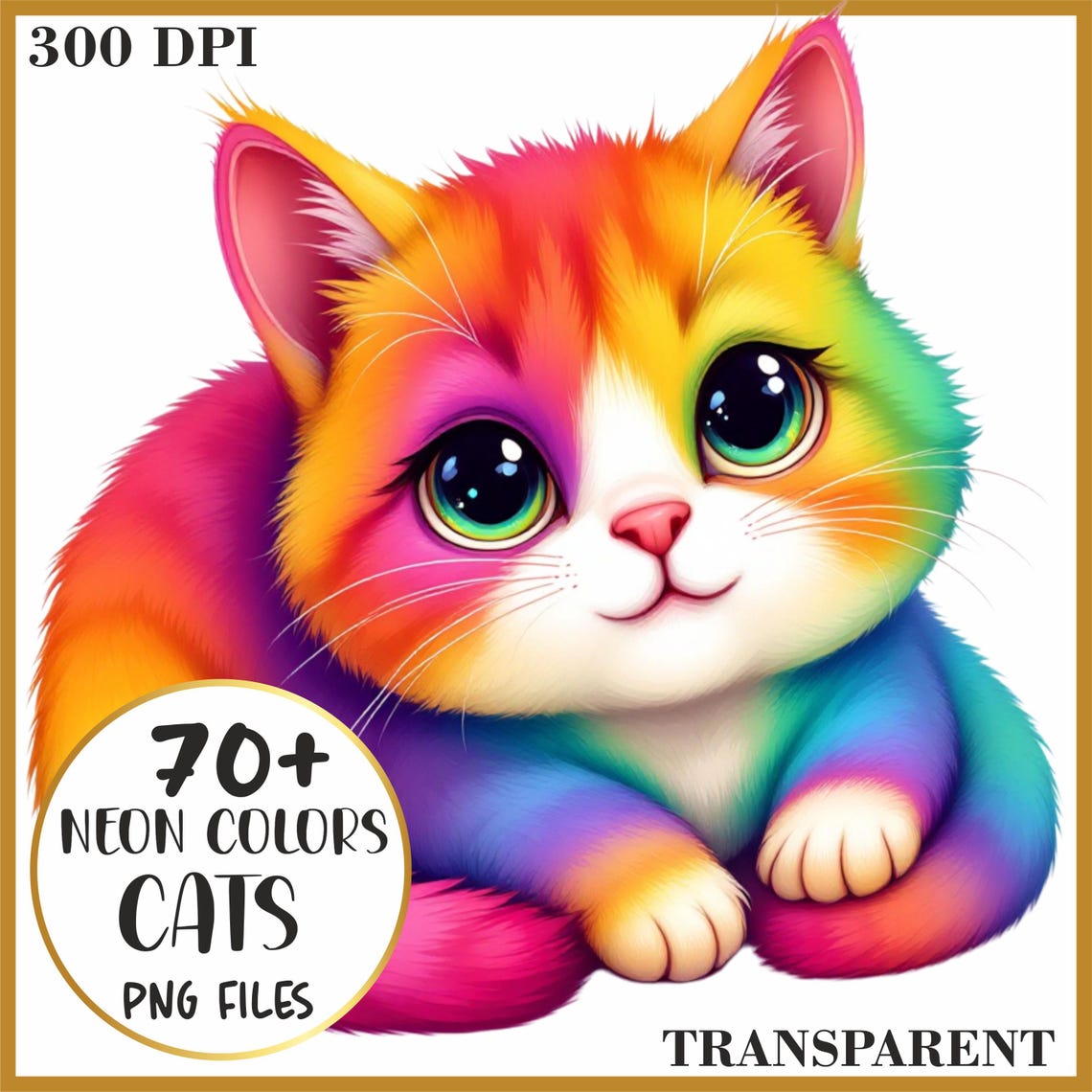 Neon Rainbow Cat Clipart PNG Bundle: 70+ Illustrations (digital ...
