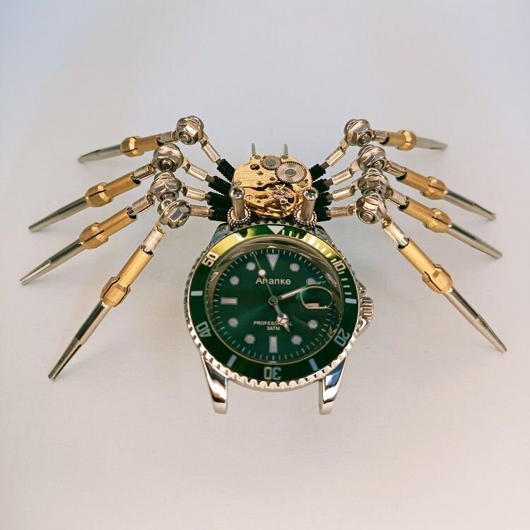 DIY Mechanical Spider With Green Clock Metal Insect Model Assembly and ...