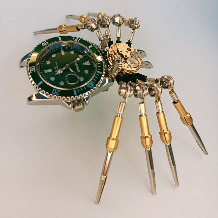 DIY Mechanical Spider With Green Clock Metal Insect Model Assembly and ...