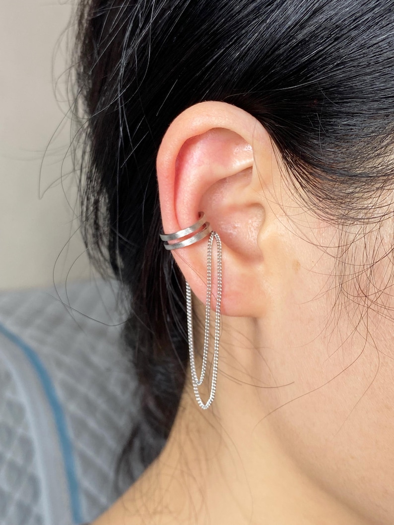 Double Band Ear Cuff With Dangle Chain ,925 Sterling Silver Conch Cuffs ...