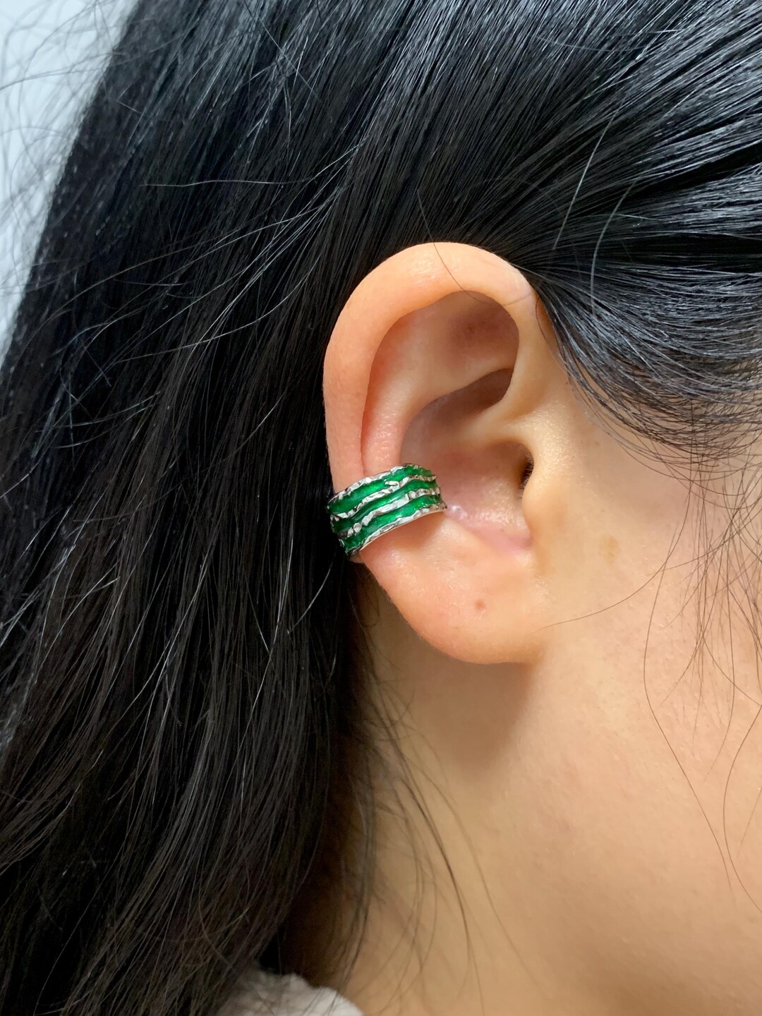 Green Enamel Ear Cuff,sterling Silver Ear Cuffs,chunky Ear Cuff Non ...
