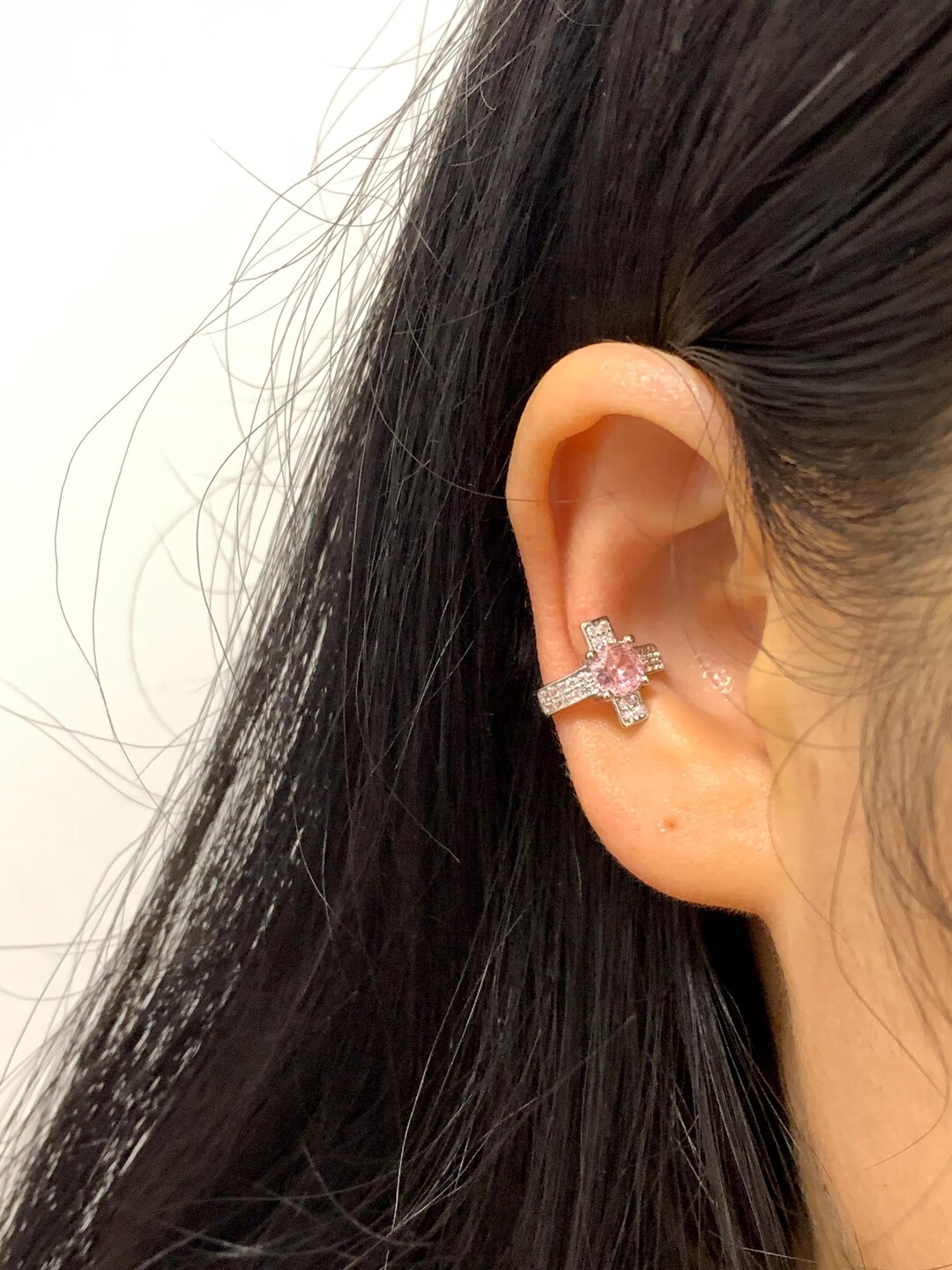 Pink CZ Pave Cross Ear Cuff Non Pierced Earrings,dainty Sterling Silver ...