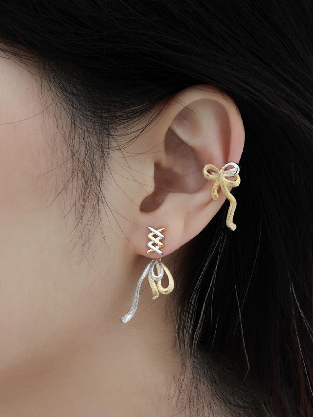 Two Tone Bow Ear Cuff No Piercing,knot Bow Cuff Conch Earring for Women,kawaii Warp Earrings ...