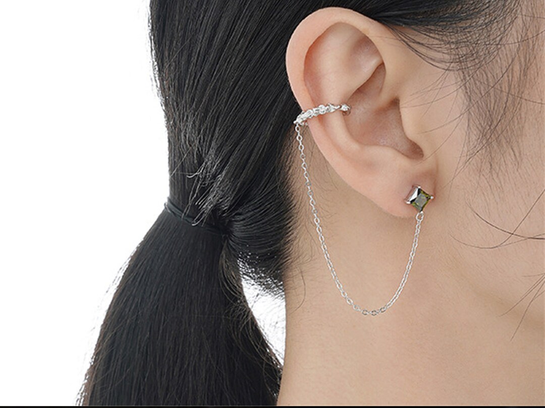 Sterling Silver Chain Ear Cuff With Peridot ,chain Studs Earring ,ear ...